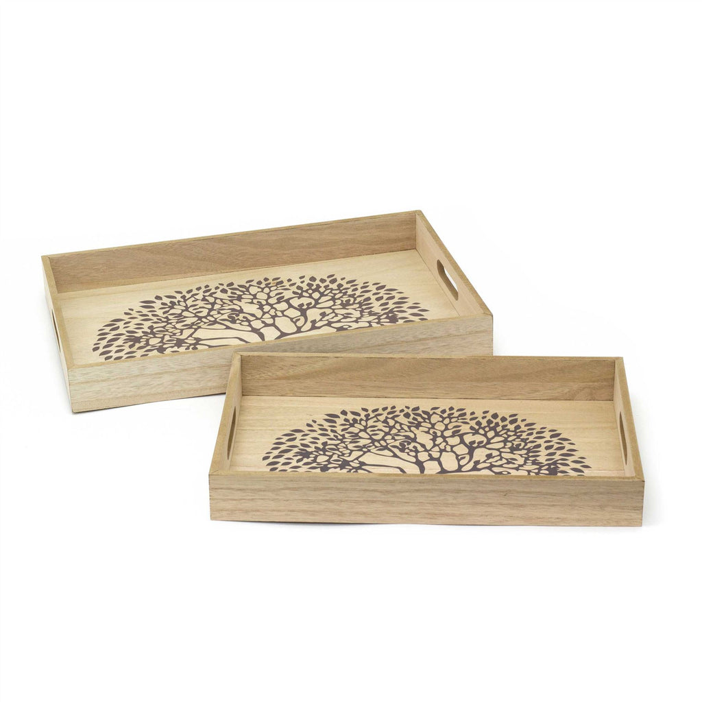 2-piece Tree Of Life Wooden Serving Trays | Set Of 2 Storage Trays Wit ...