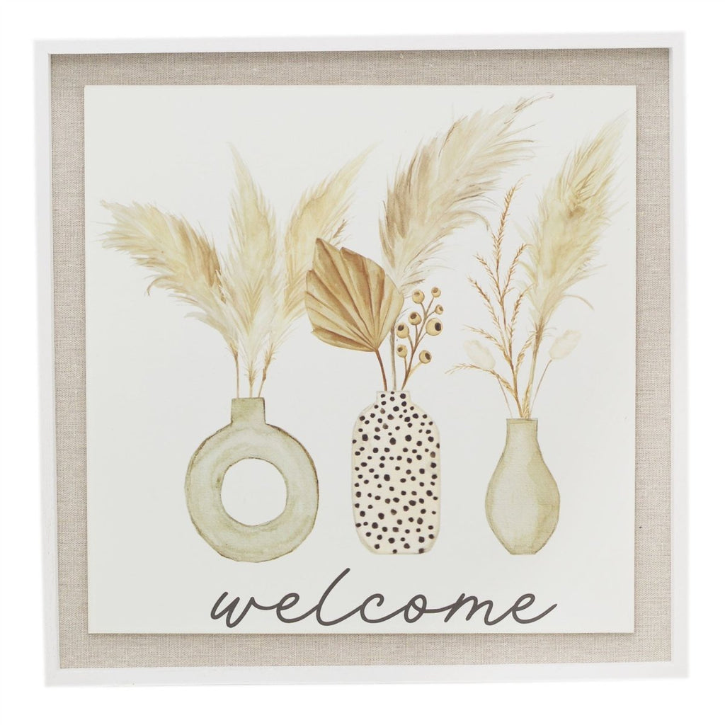 40cm White Wooden Welcome Sign House Plaque | Botanical Pampas Grass L ...