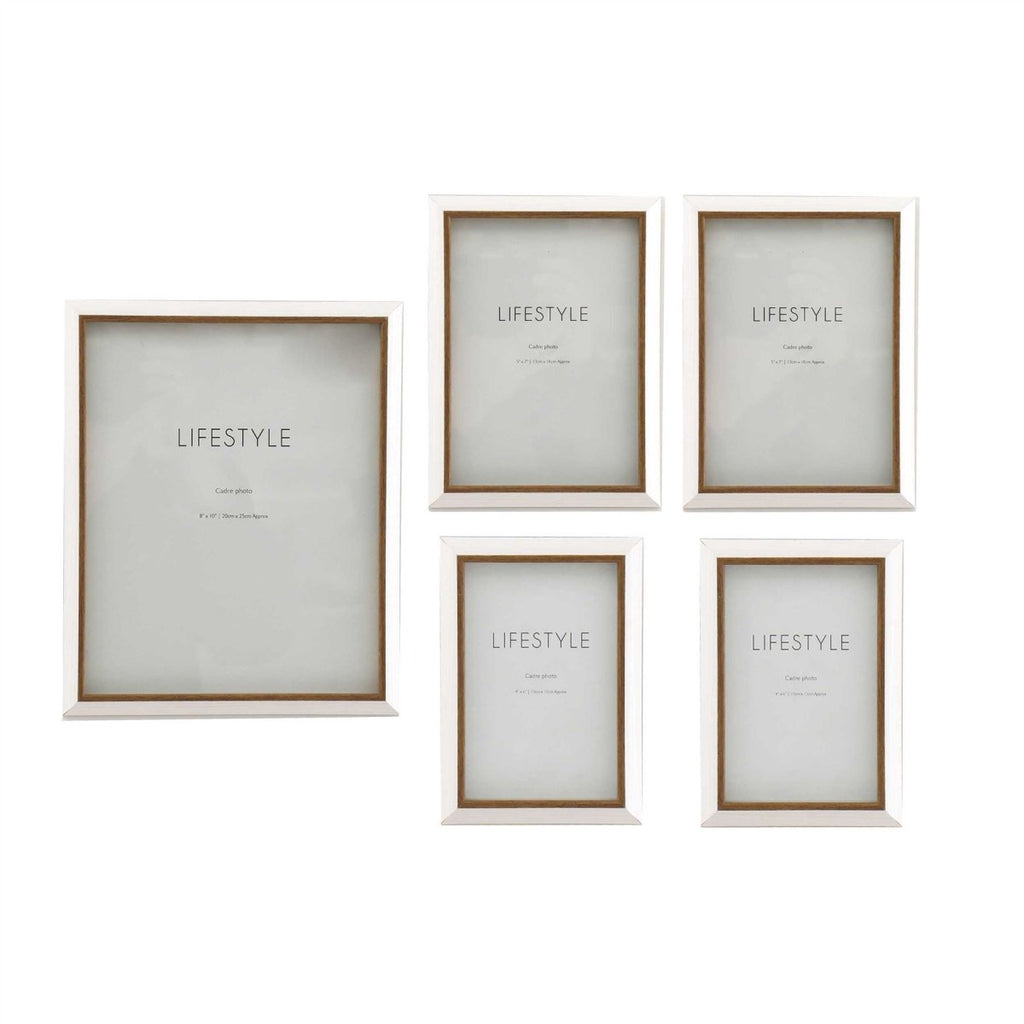 5-Piece Natural White Photo Frame Set | Wooden Wall Mounted Multi Pict ...