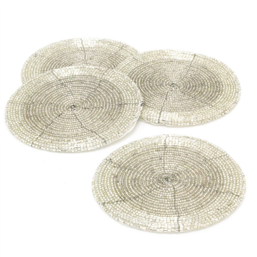 Set Of 4 Silver Glass Coasters | Chic Beaded Drinks Coaster Set | Roun ...