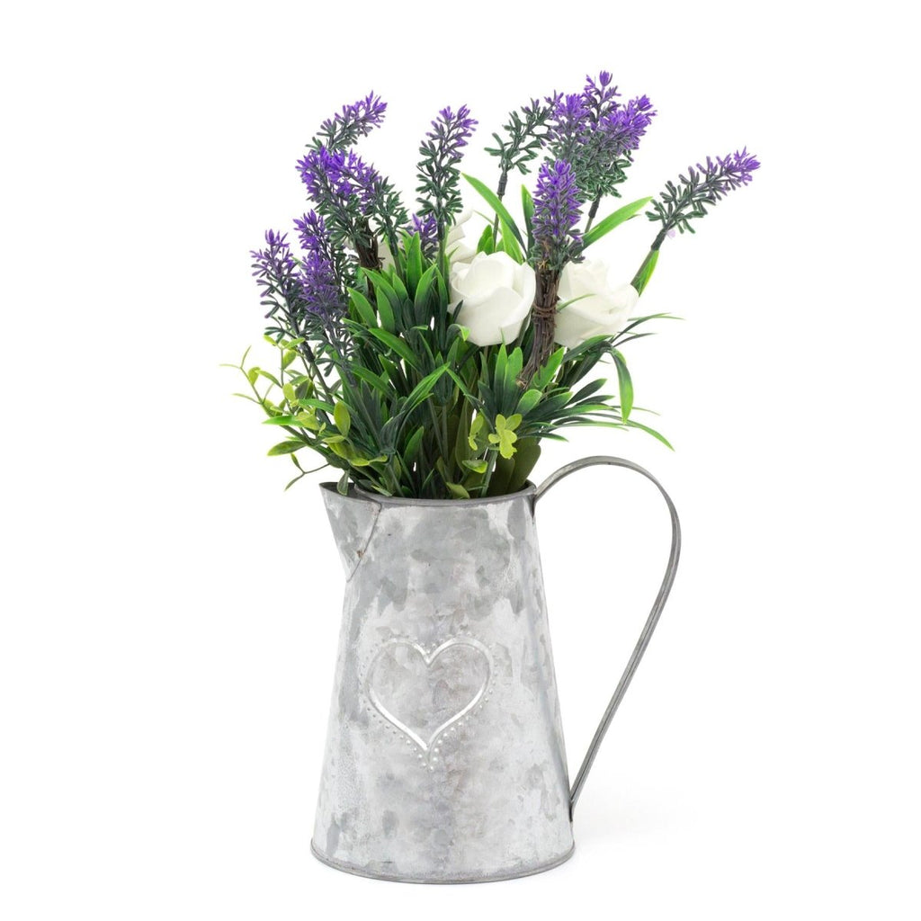 Artificial Ivory Rose And Lavender In Metal Heart Jug Floral Arrangeme ...