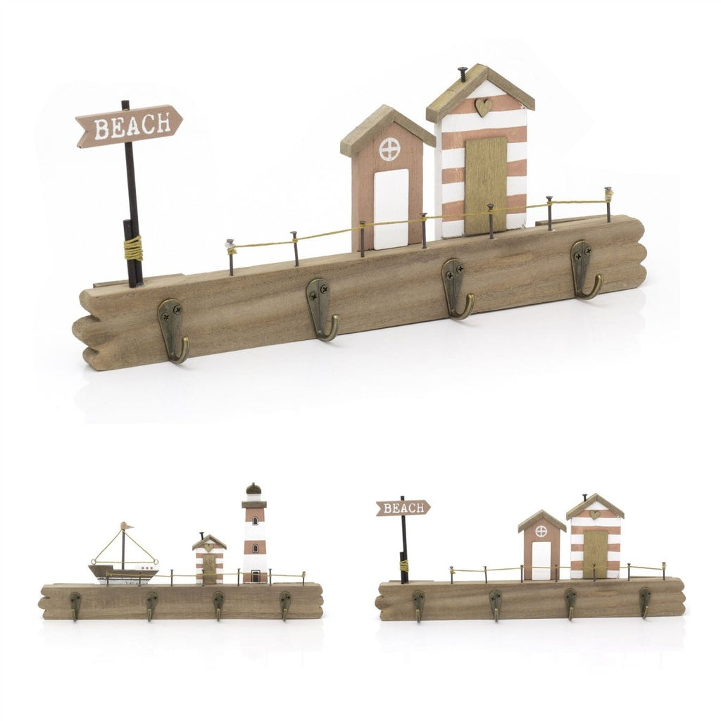 Coastal Beach Hut Plaque with 4 Wall Hooks - Nautical Wooden Hanger De ...
