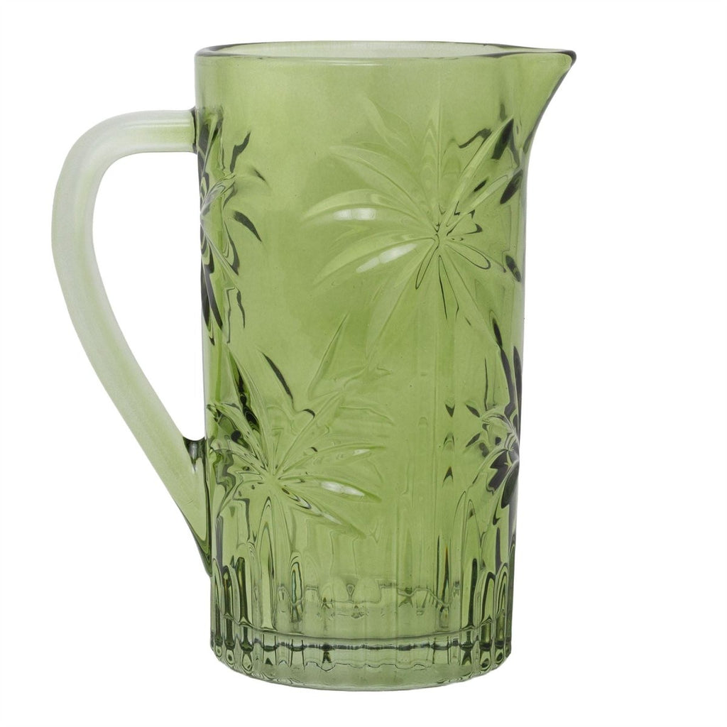Green Glass Water Jug, 1 Litre Palm Embossed Drinks Pitcher Flower Vas ...