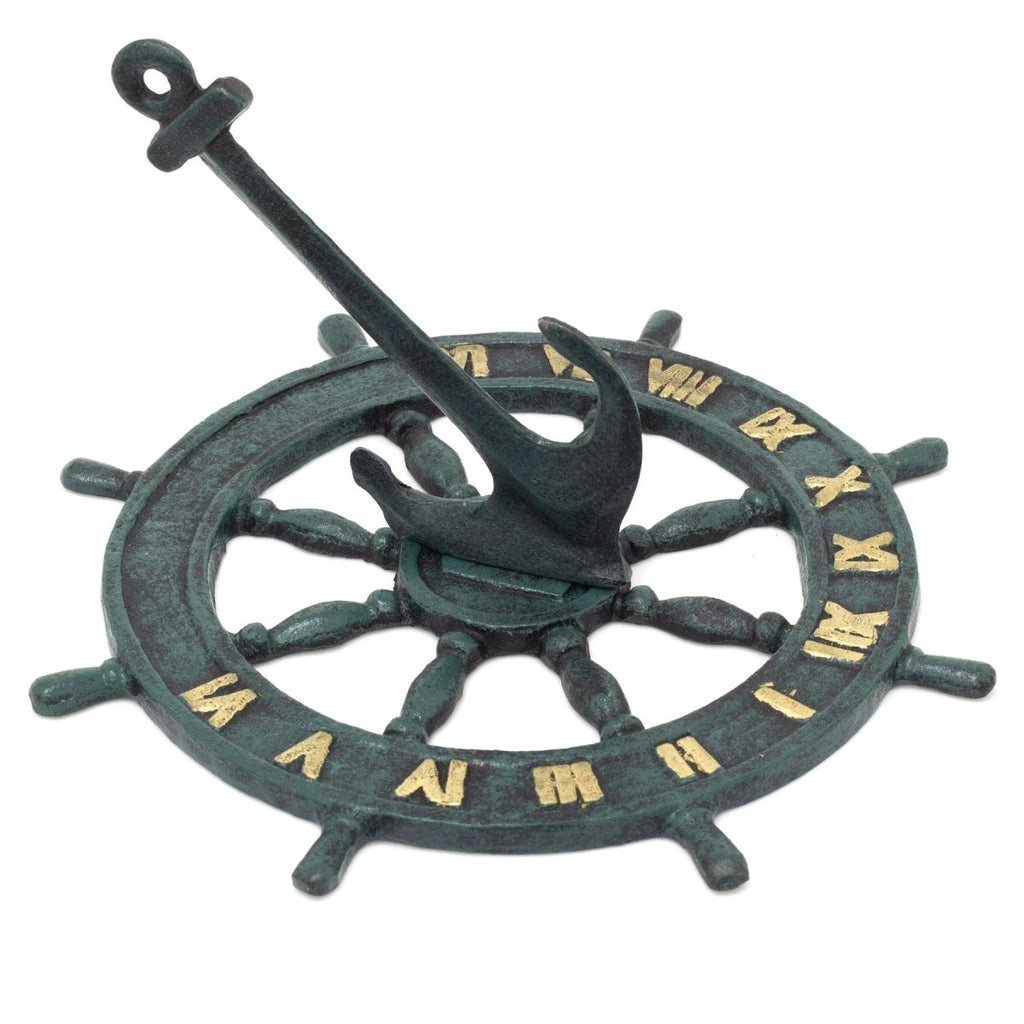Nautical Cast Iron Garden Sundial | Metal Outdoor Sundial Ship Wheel A ...