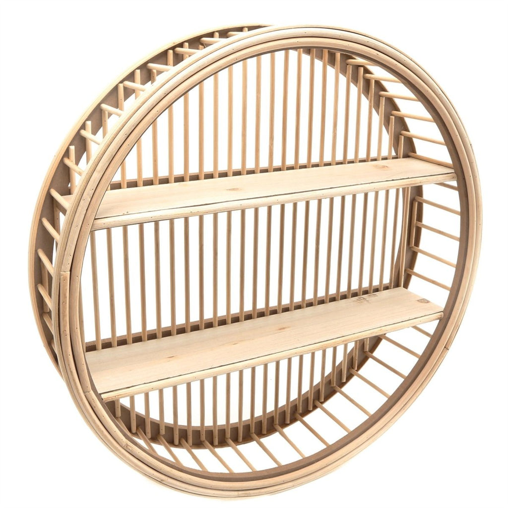 Round Wall Mounted Rattan Floating Shelf Storage Unit | 2 Tier Wooden ...
