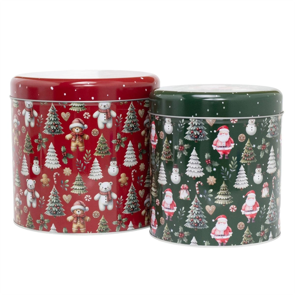 Set of 2 Round Christmas Tins | 2-piece Festive Red & Green Nesting Ti ...